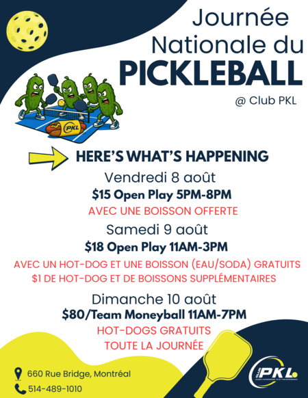 Pkl social events - Journée Nationale du Pickleball Open Play-Dink & Drink
